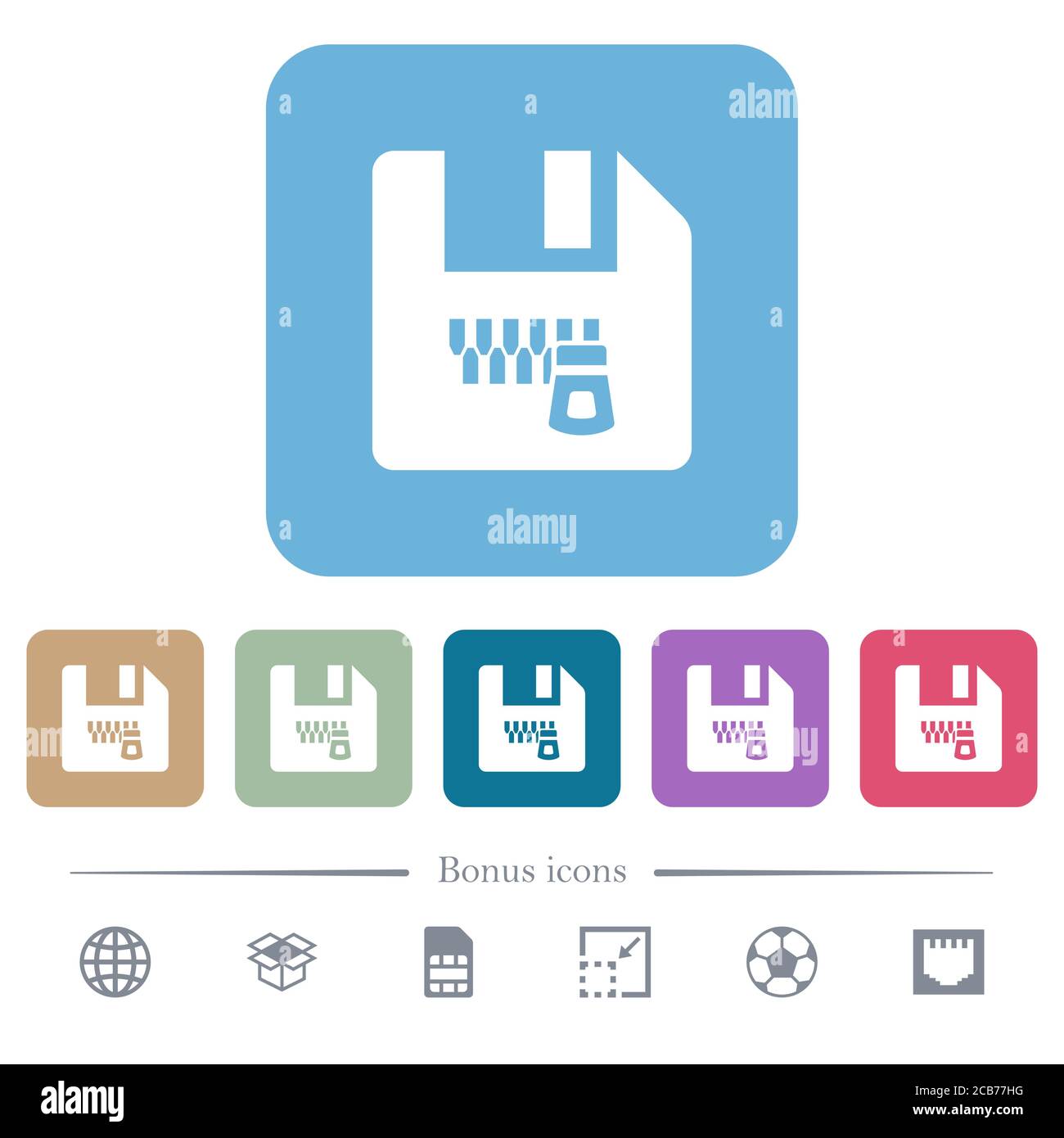 Zipped file white flat icons on color rounded square backgrounds. 6 ...