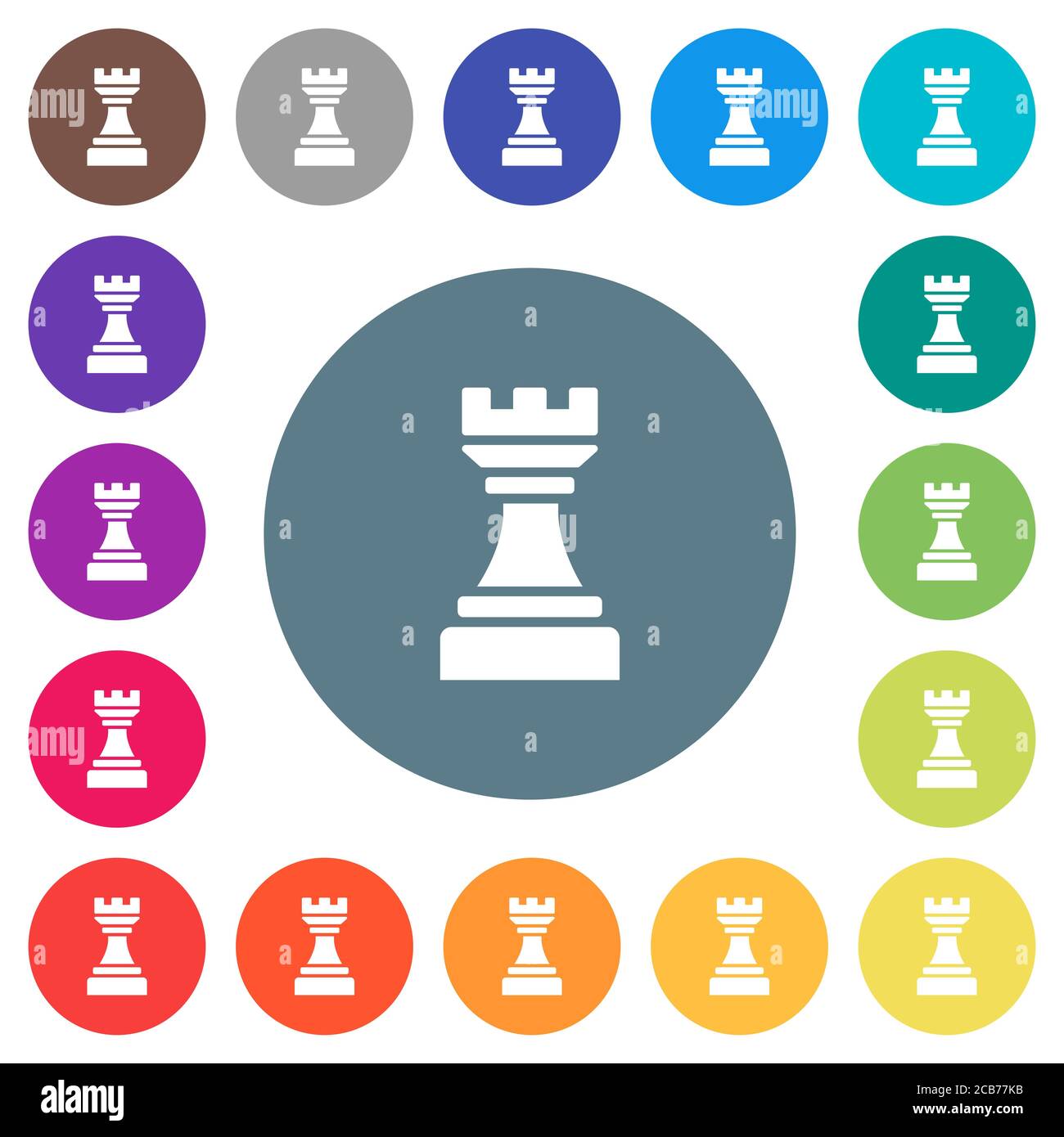 Black chess rook flat white icons on round color backgrounds. 17 ...