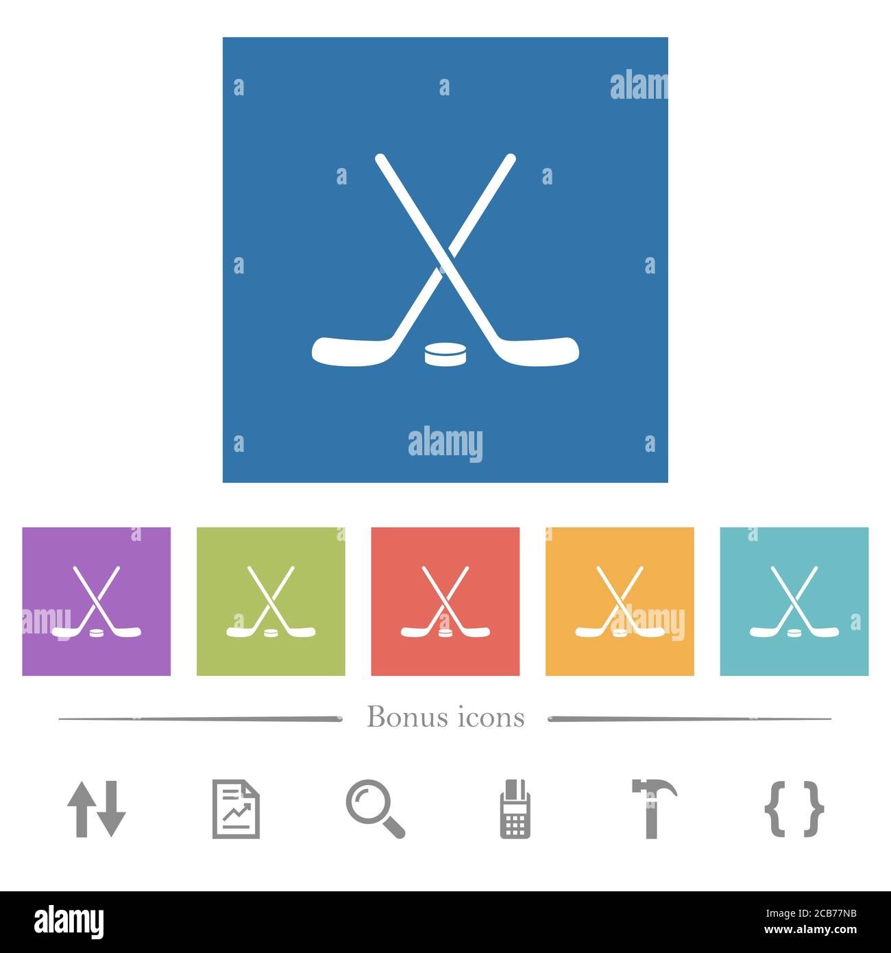 Hockey sticks with puck flat white icons in square backgrounds. 6 bonus ...