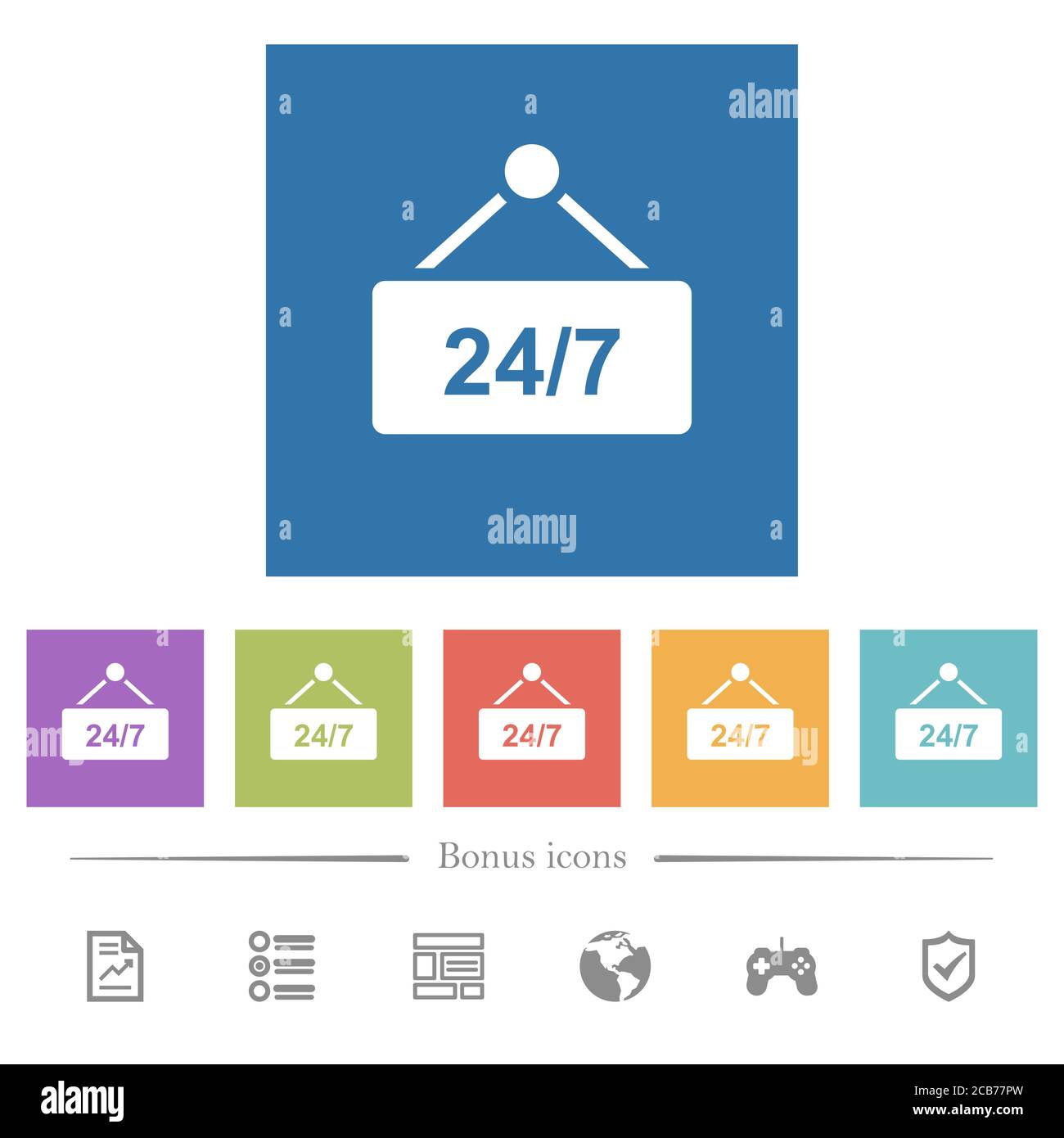 hanging table with 24h seven days a week flat white icons in square ...