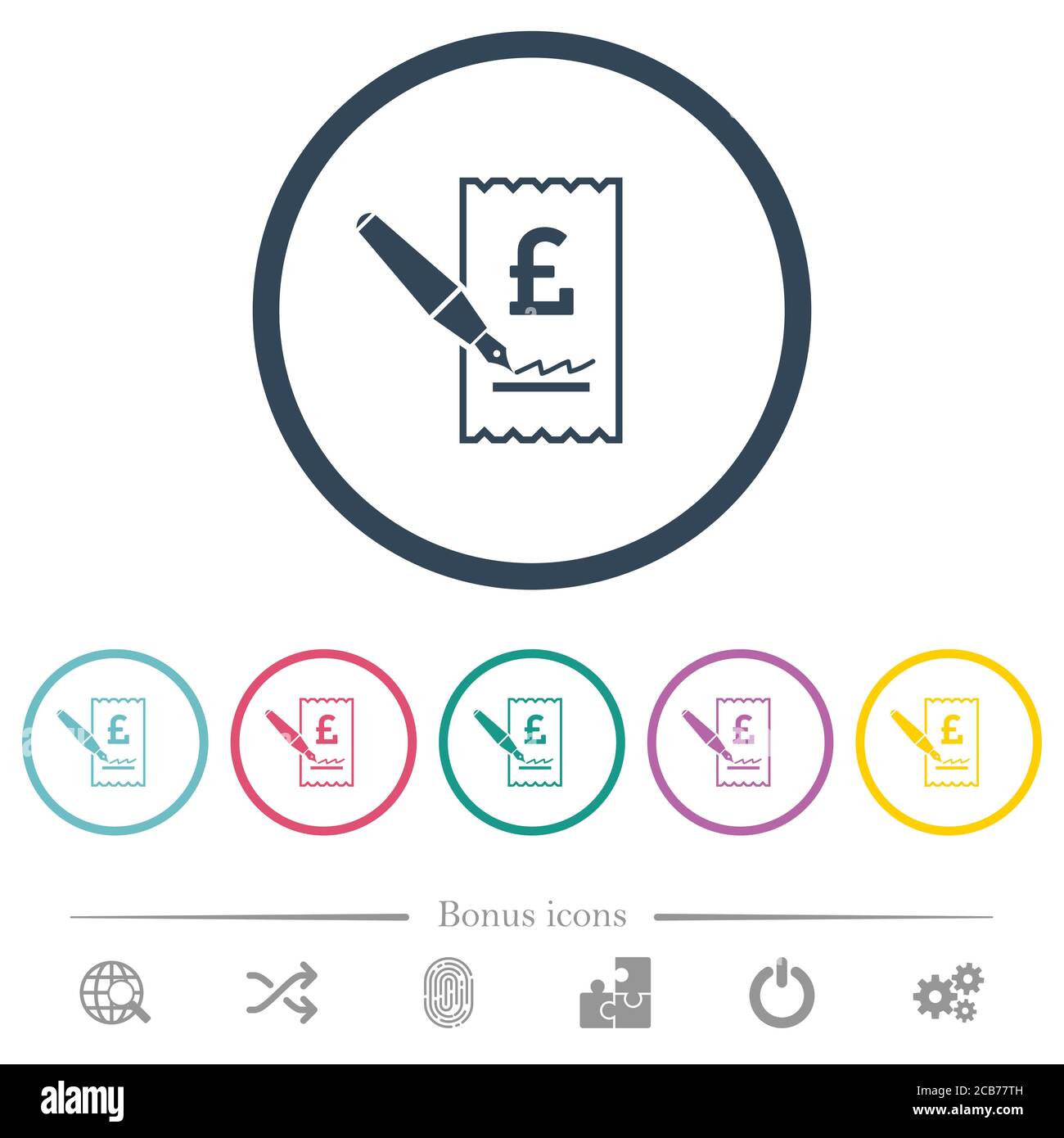 Signing Pound cheque flat color icons in round outlines. 6 bonus icons ...