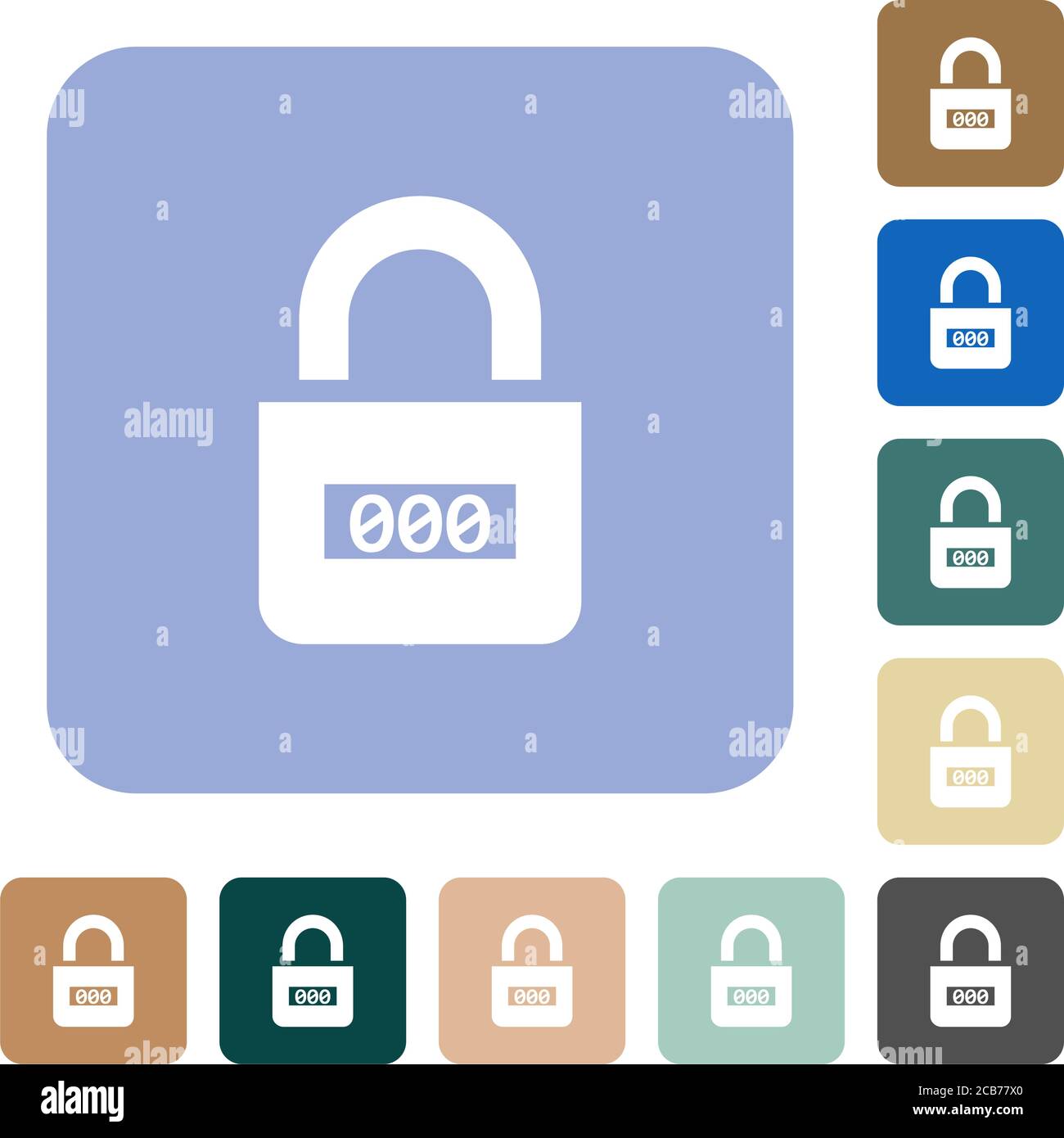 Locked combination lock with center numbers white flat icons on color ...