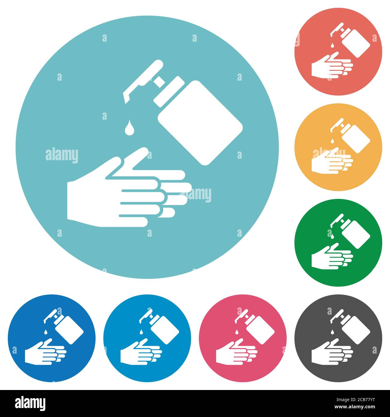 Hand washing with liquid soap flat white icons on round color ...