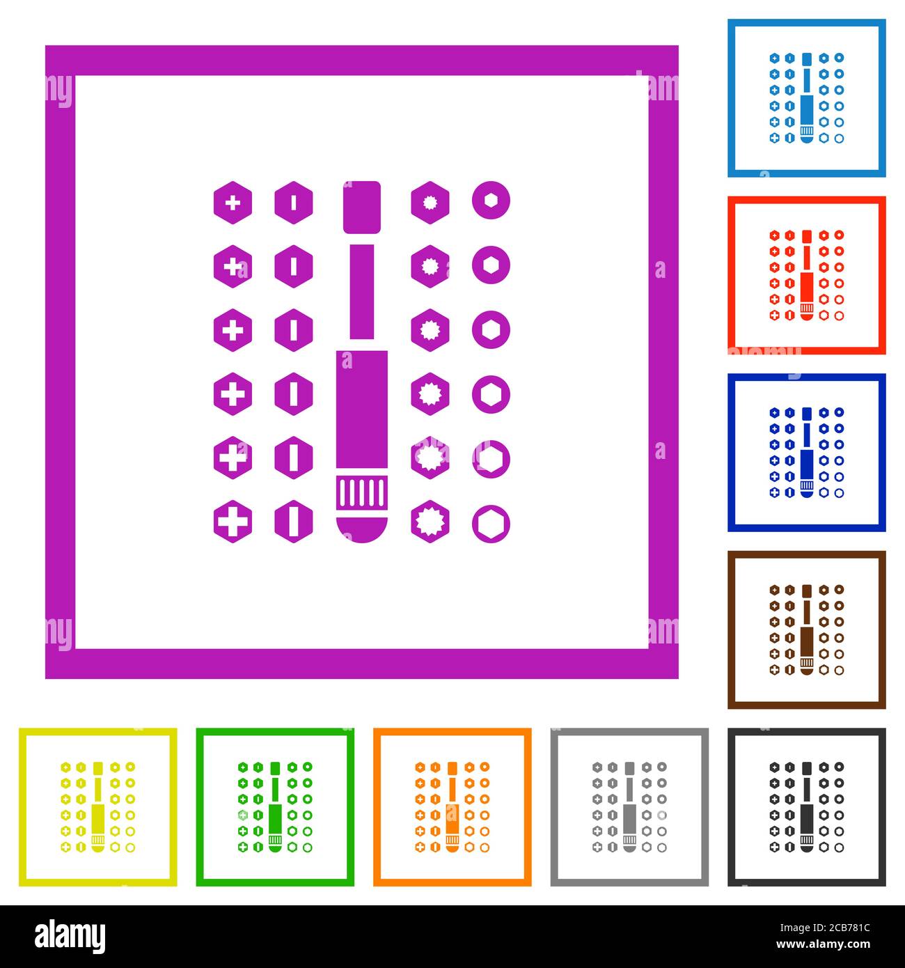 Set of screwdriver bits flat color icons in square frames on white ...