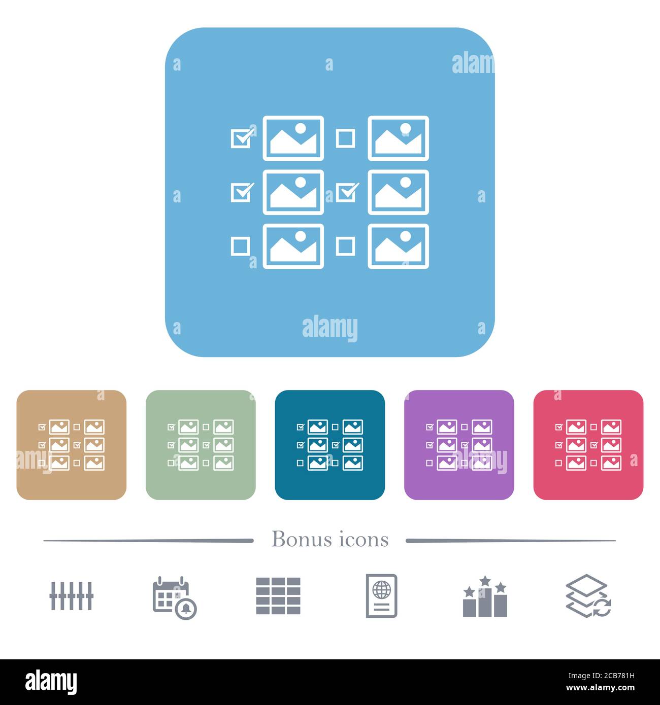 Multiple image selection with checkboxes white flat icons on color rounded square backgrounds. 6 ...