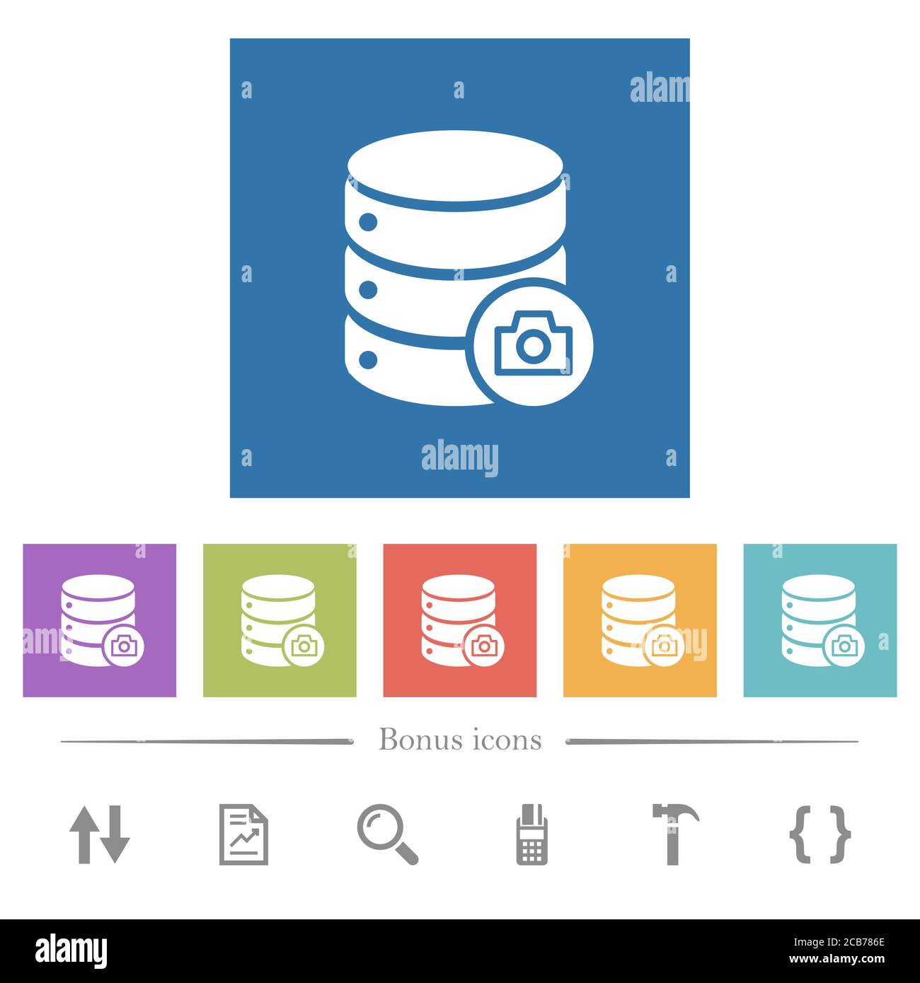 Database snapshot flat white icons in square backgrounds. 6 bonus icons ...