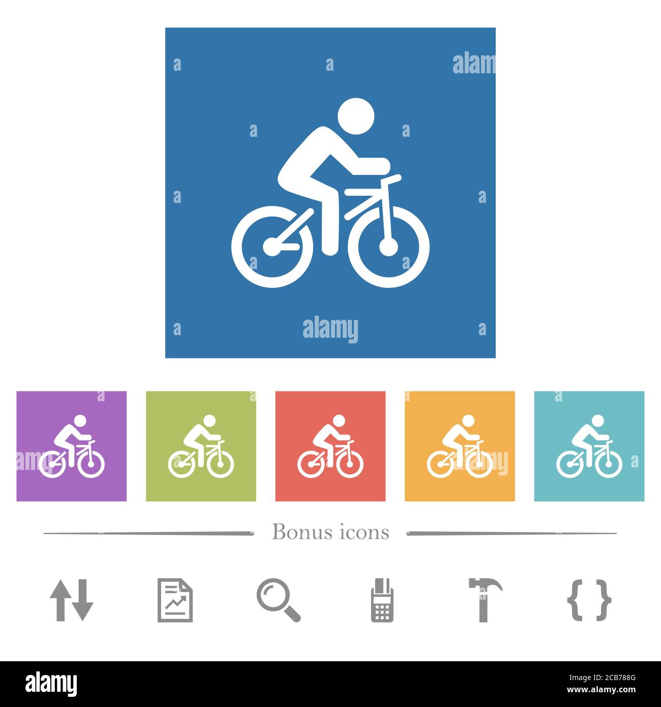 Bicycle with rider flat white icons in square backgrounds. 6 bonus ...