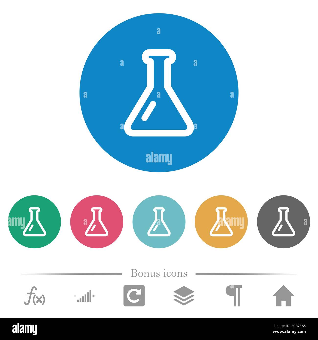 Empty flask flat white icons on round color backgrounds. 6 bonus icons ...