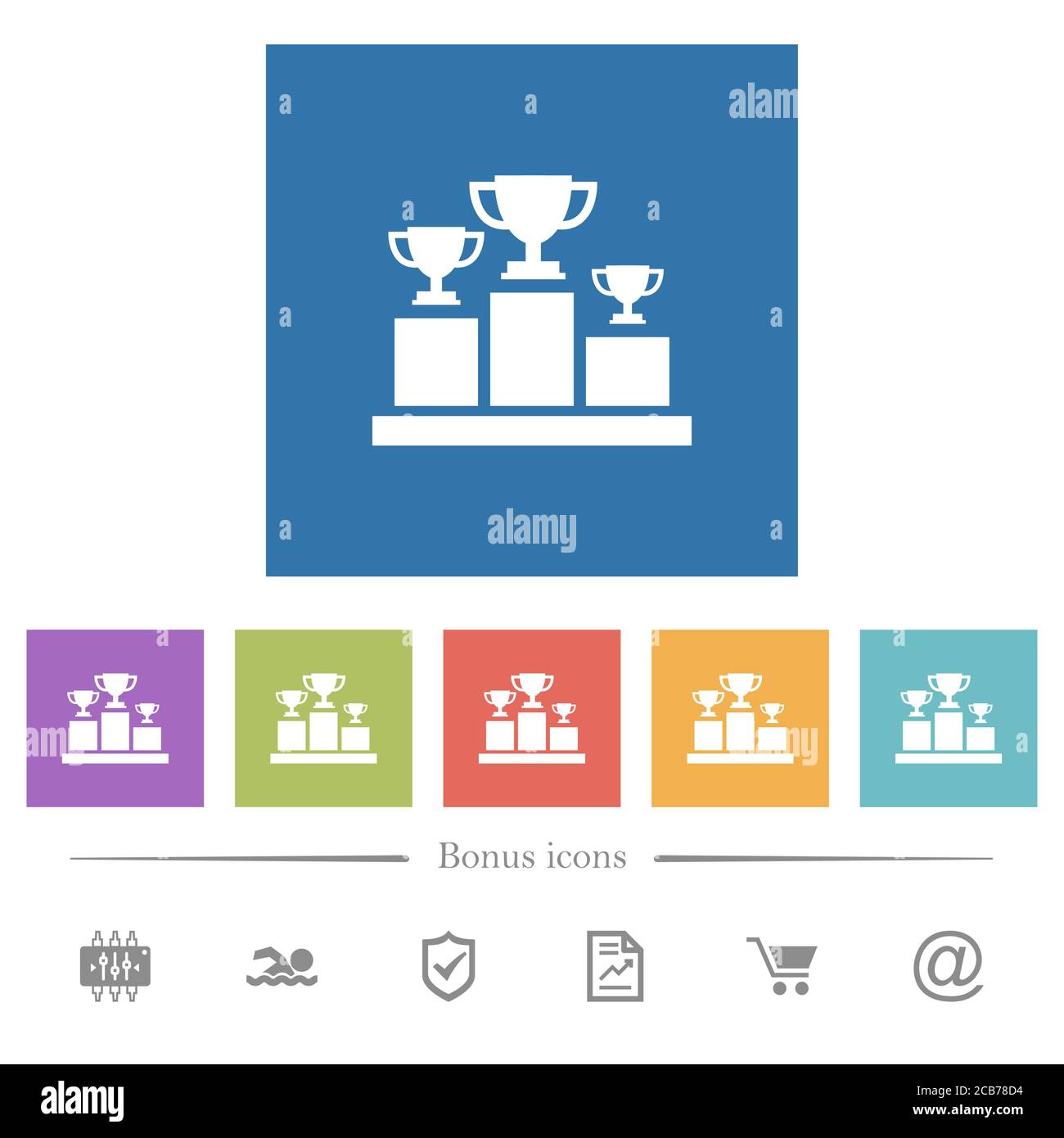 Winner podium with trophy cups flat white icons in square backgrounds ...