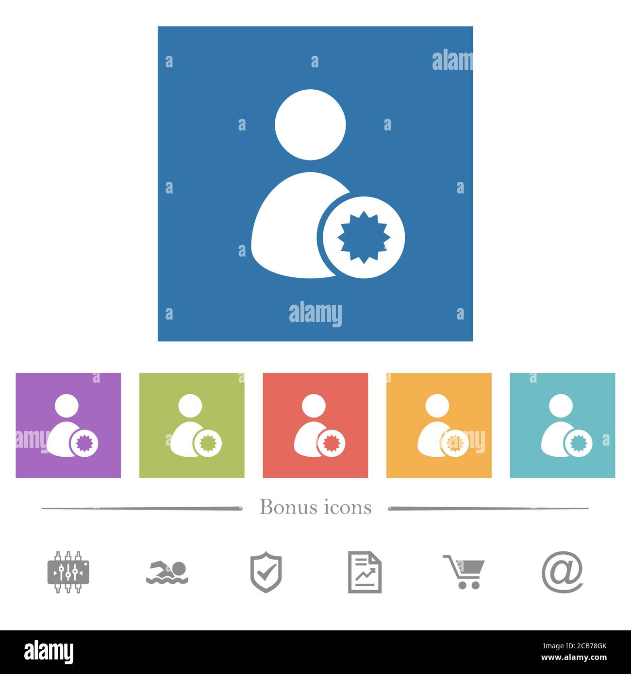 Certified user flat white icons in square backgrounds. 6 bonus icons ...