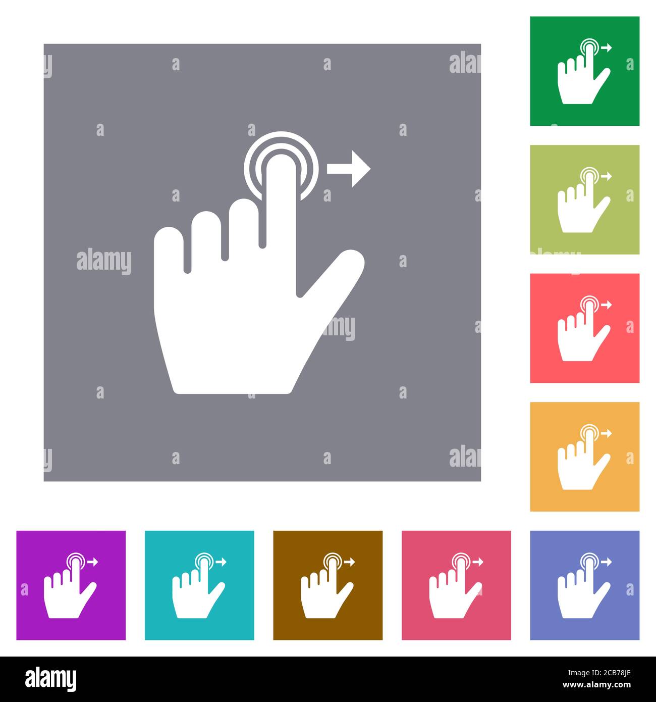 Left handed slide right gesture flat icons on simple color square ...