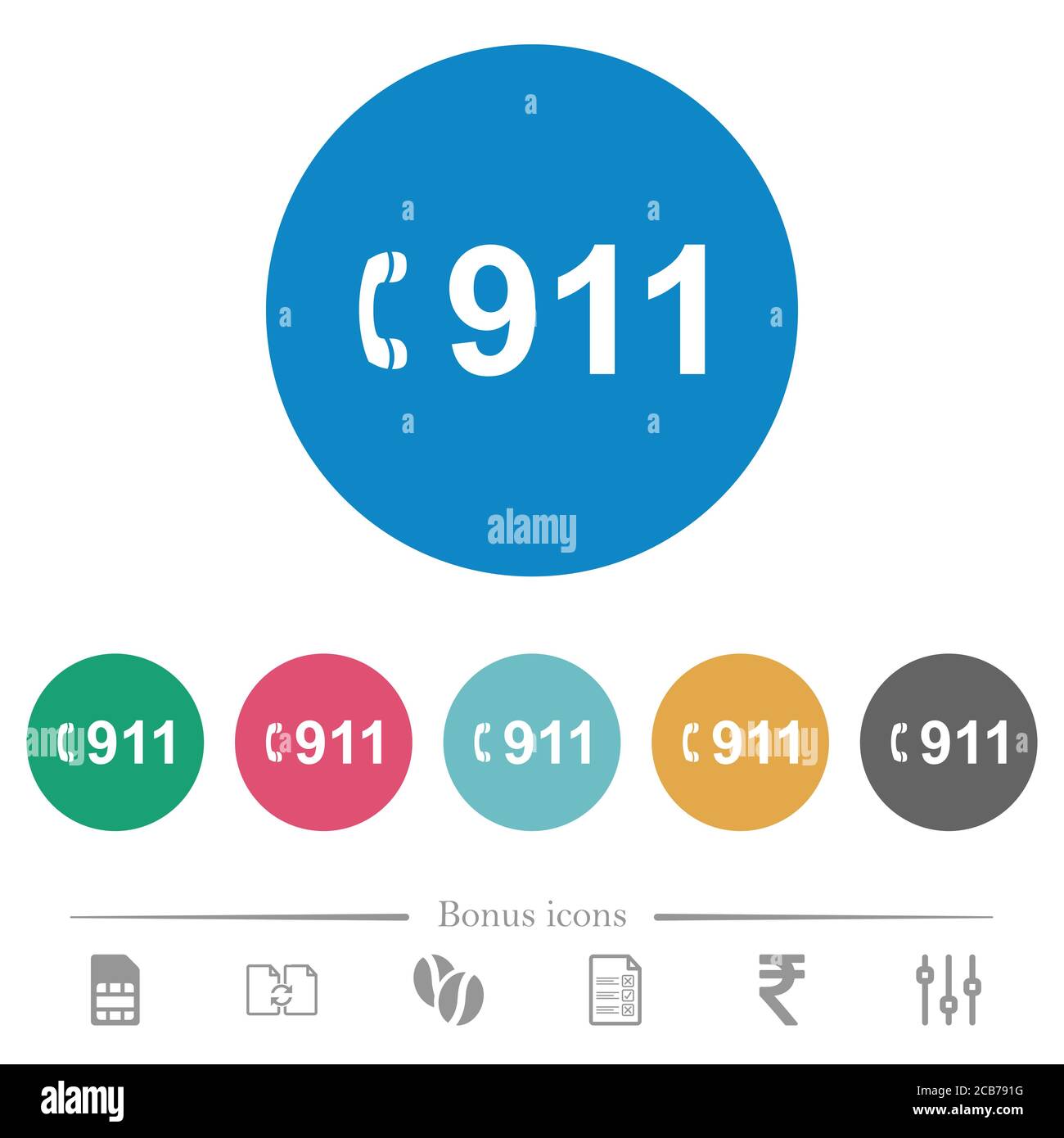 Emergency call 911 flat white icons on round color backgrounds. 6 bonus icons included Stock ...