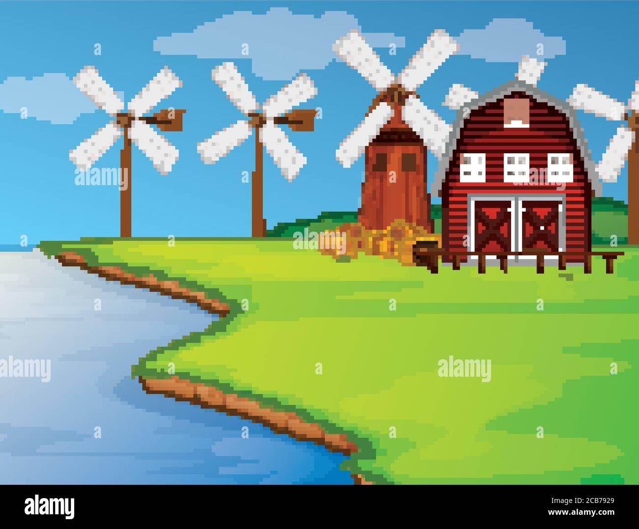 Farm scene in nature with barn and windmill and river side illustration ...