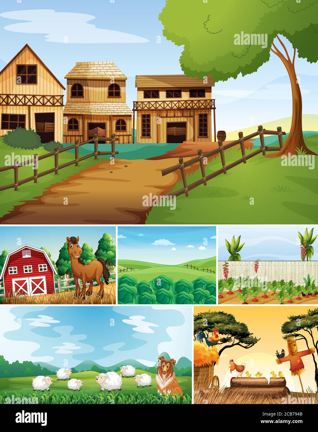 Set of different farm scenes with animal farm cartoon style ...