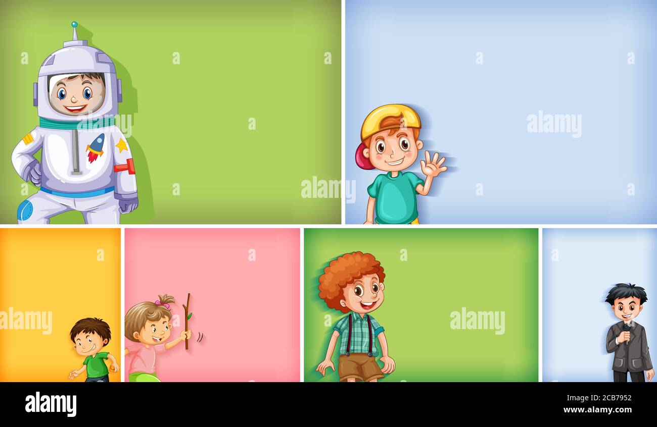 Set of different kid characters on different color background ...