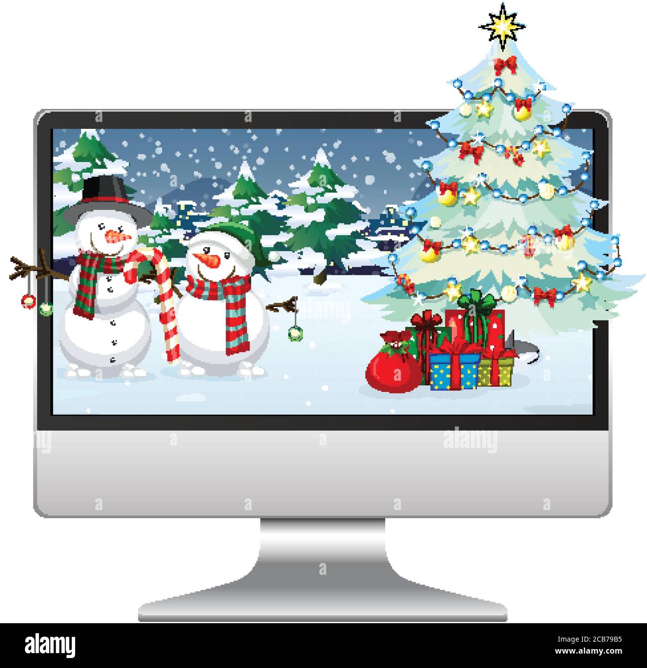 Computer with winter xmas theme desktop background illustration Stock ...