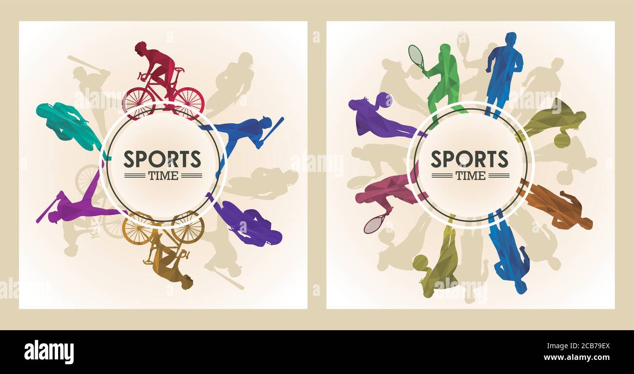 sports time poster with athletes figures in circular frames vector ...