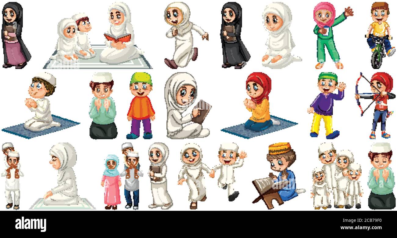 Set of different muslim people cartoon character isolated on white ...