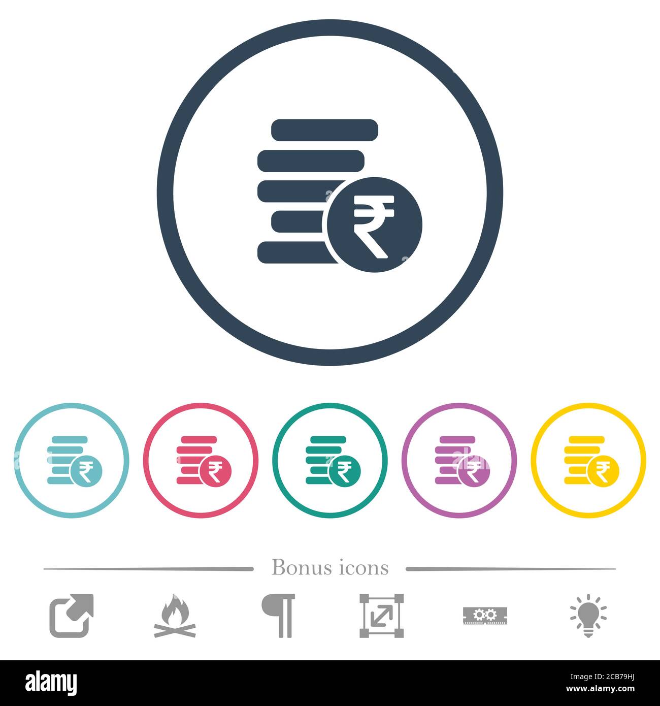 Indian Rupee coins flat color icons in round outlines. 6 bonus icons ...