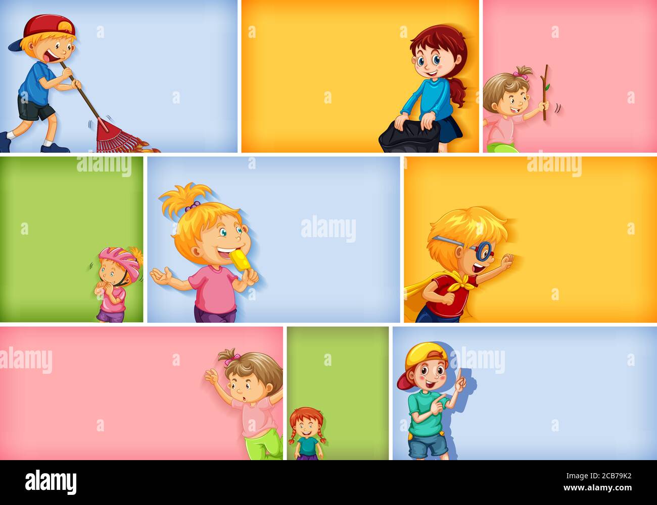 Set of different kid characters on different color background ...