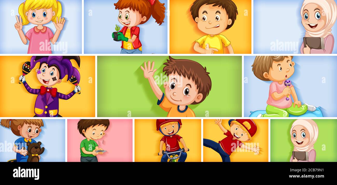 Set of different kid characters on different color background ...