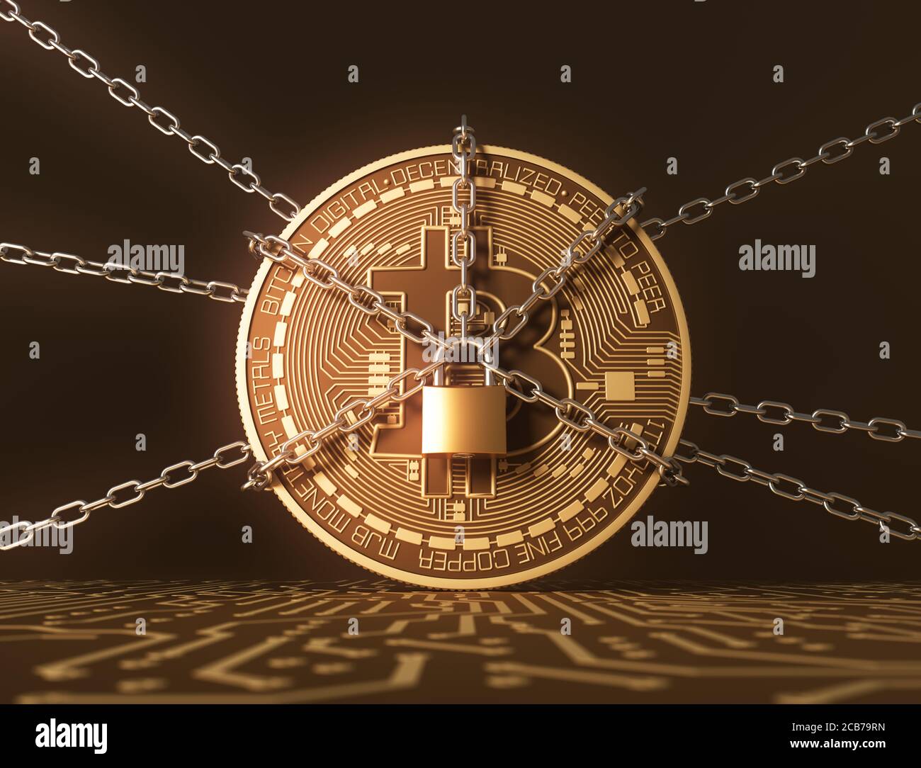 Locked Bitcoin With Chains On Printed Circuit Board. 3D Illustration ...