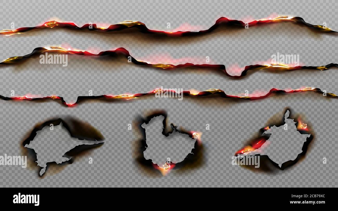 Burnt paper edges with fire and black ash. Vector realistic set of ...
