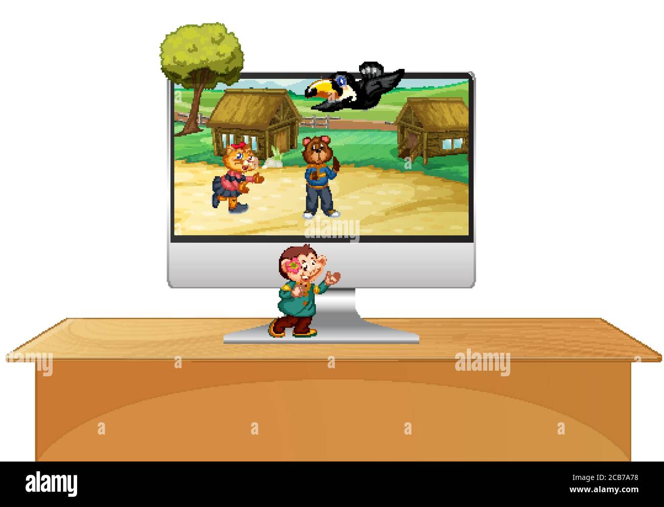 computer on the table with animal theme desktop background illustration ...