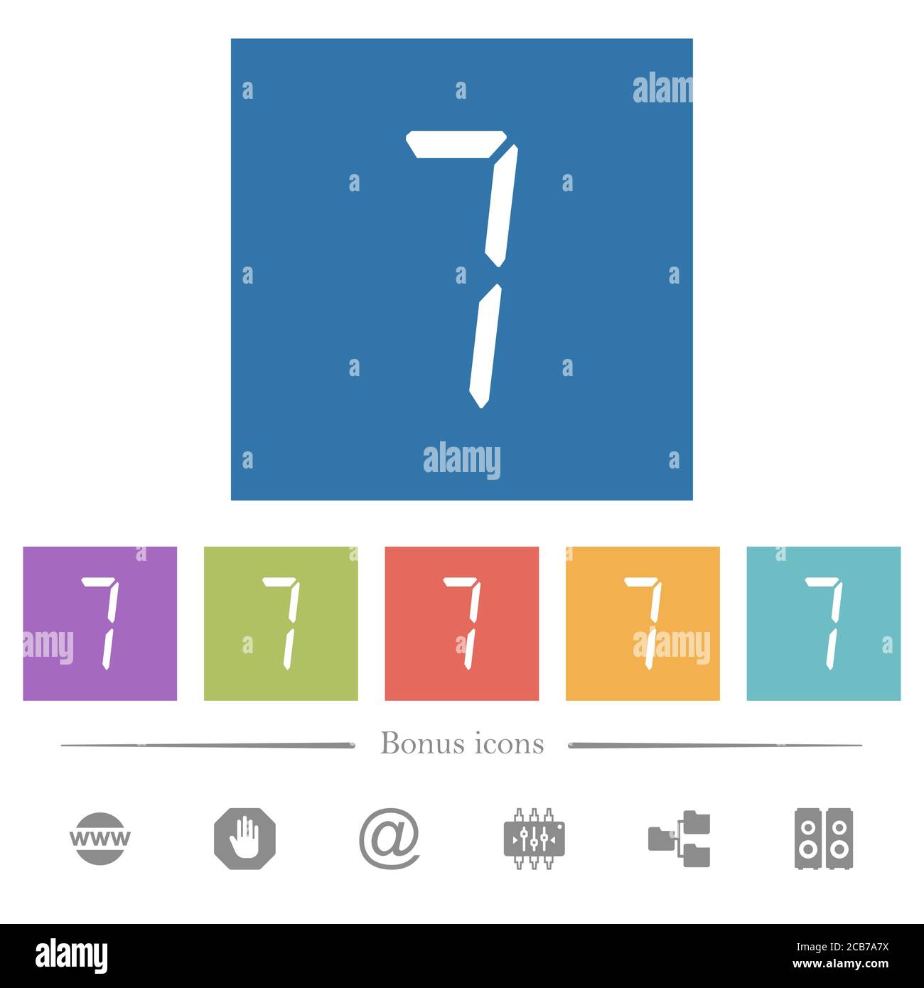 digital number seven of seven segment type flat white icons in square ...