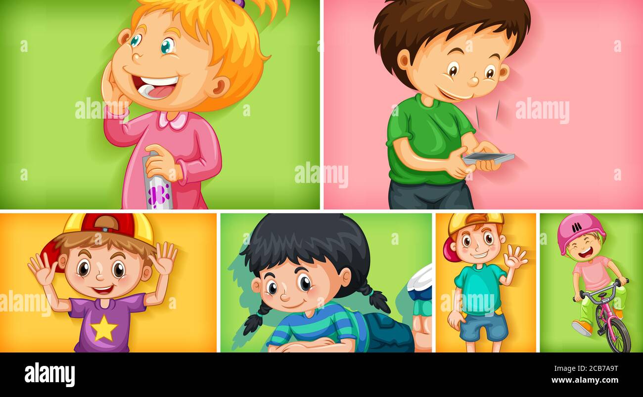 Set of different kid characters on different color background ...