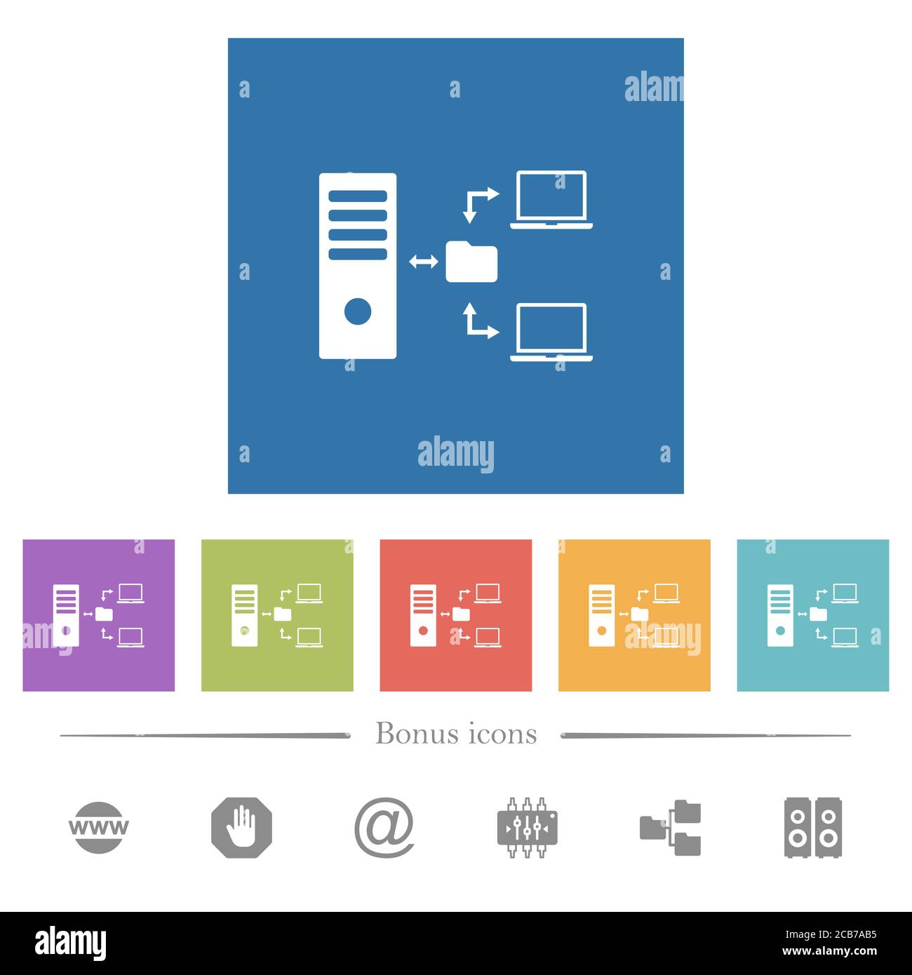 Network file system with server flat white icons in square backgrounds ...