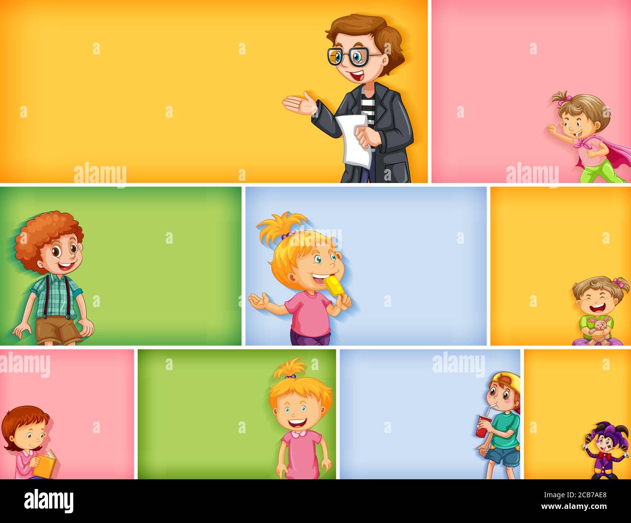 Set of different kid characters on different color background ...