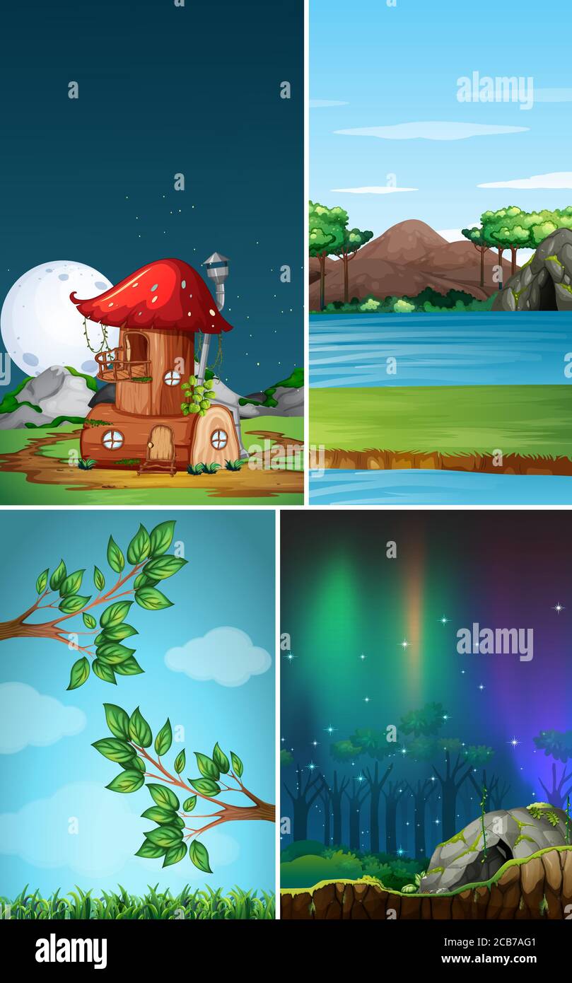 Four different scene of fantasy world with fantasy places such stone ...