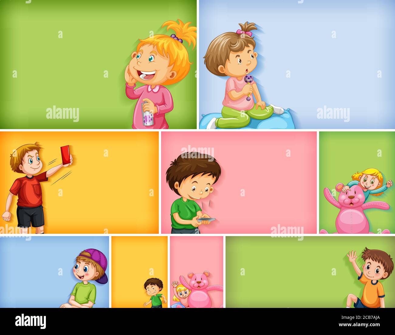 Set of different kid characters on different color background ...