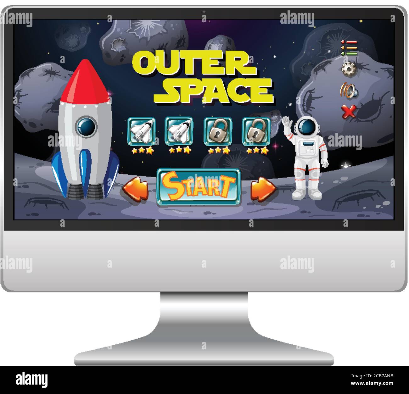 Outer sapce mission game on computer screen illustration Stock Vector ...