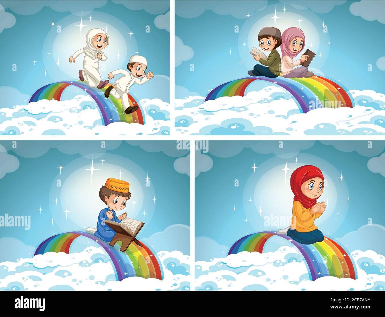 Set of arab muslim boy and girl in traditional clothing isolated on sky ...