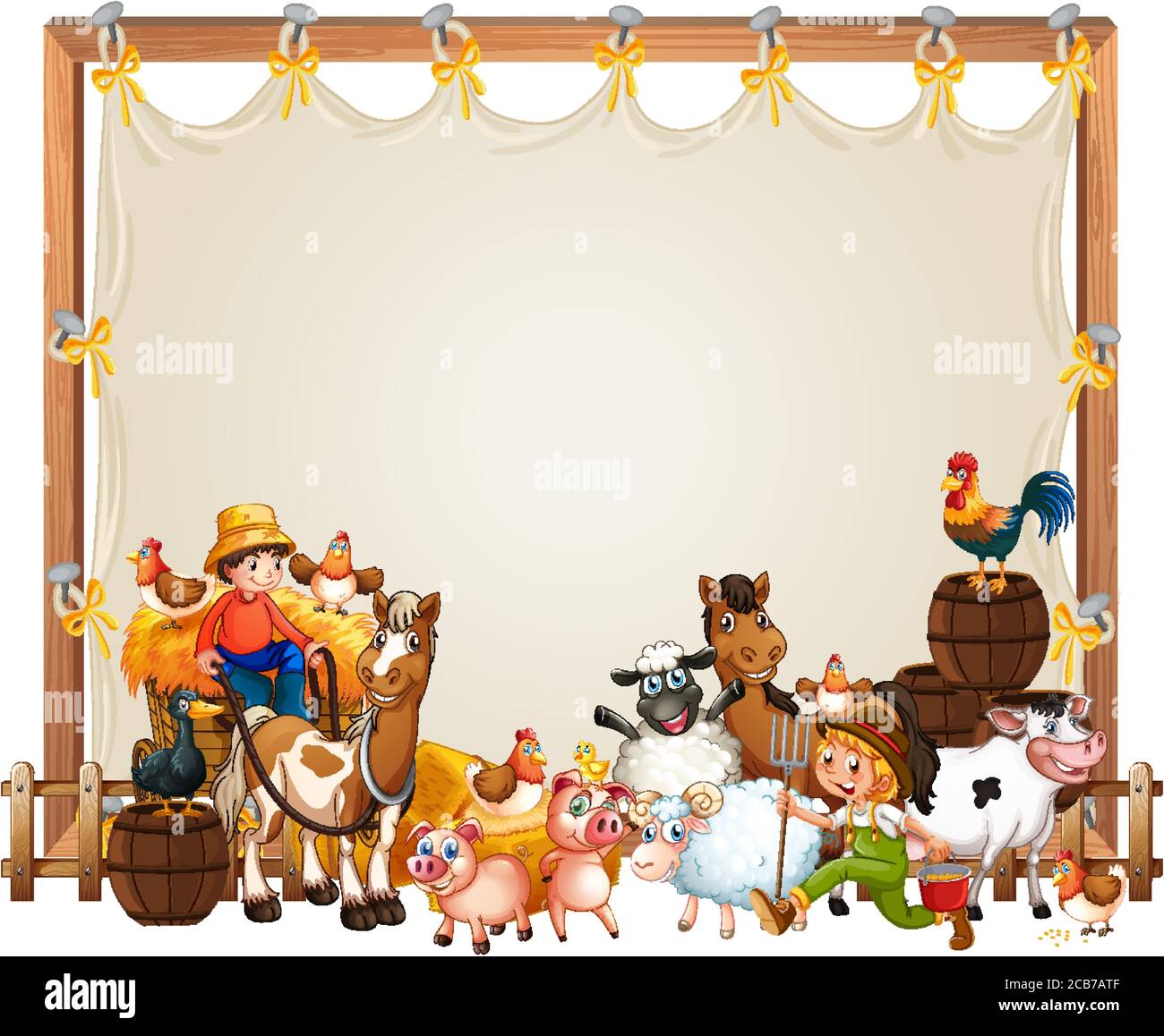 Canvas wooden frame template with animal farm set isolated illustration ...