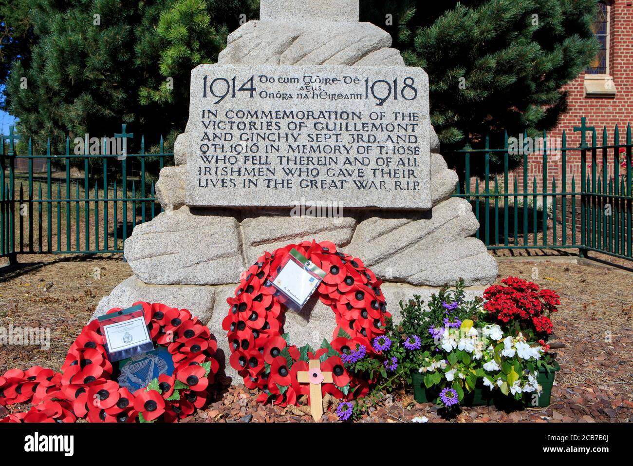 Close-up of the commemorative plaque at the foot of the Celtic cross at ...