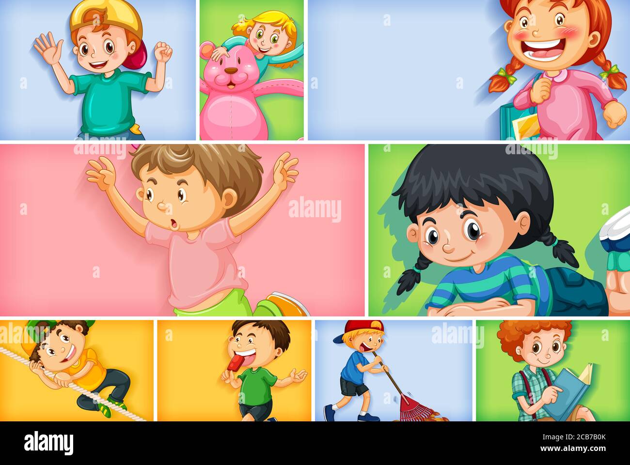 Set of different kid characters on different color background ...
