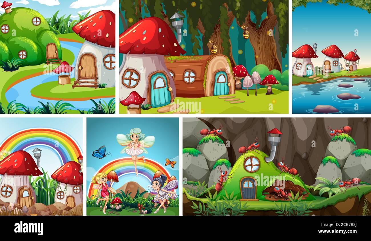 Six different scene of fantasy world with fantasy places and fantasy ...