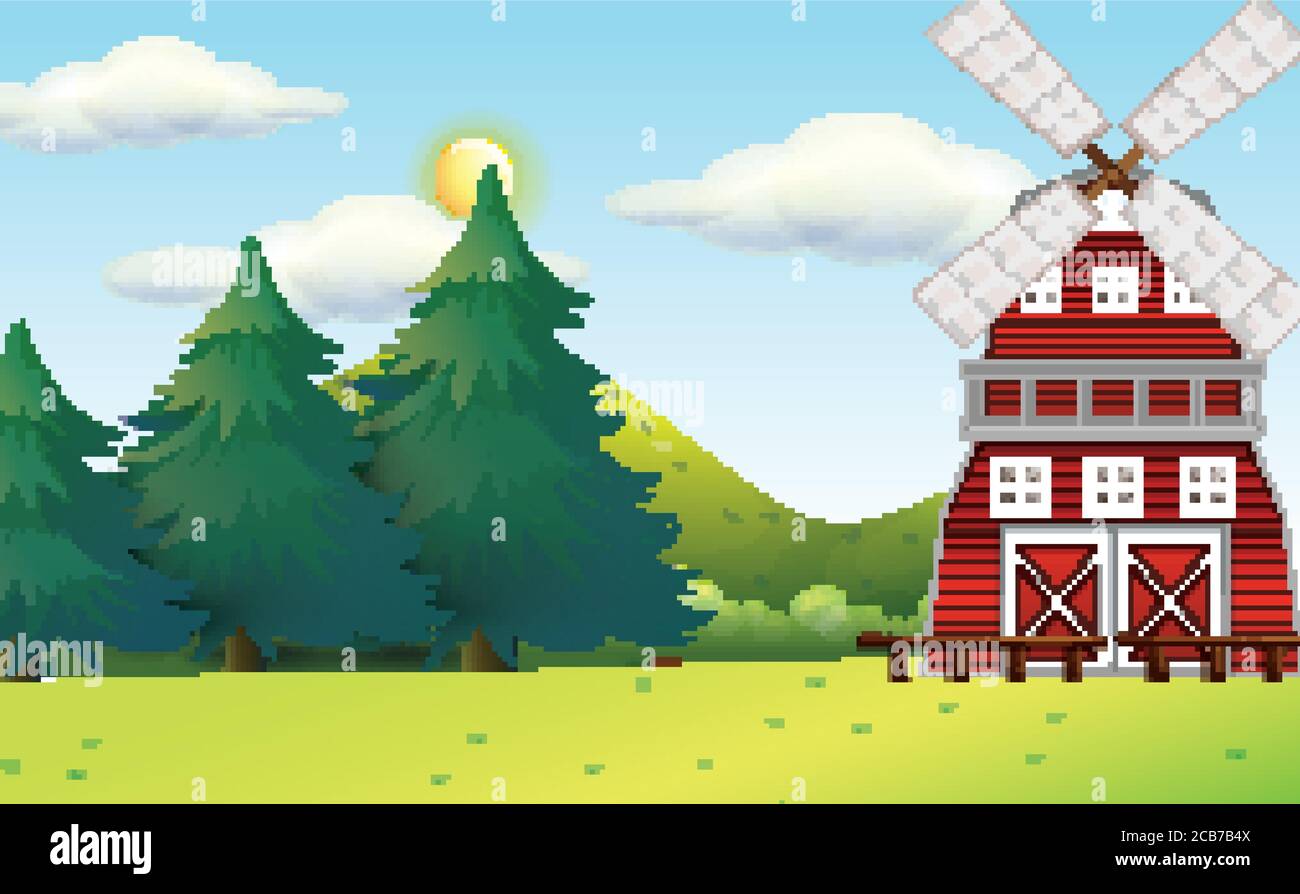 Farm in nature scene with windmill and big pines illustration Stock ...