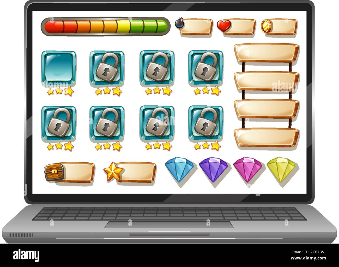 Set icon buttons in game isolated on laptop screen illustration Stock ...
