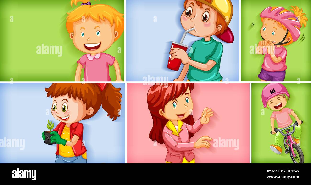 Set of different kid characters on different color background ...