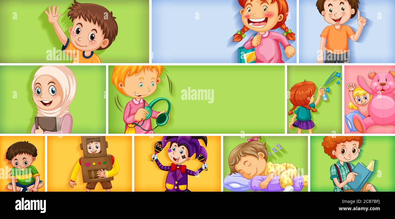 Set of different kid characters on different color background ...