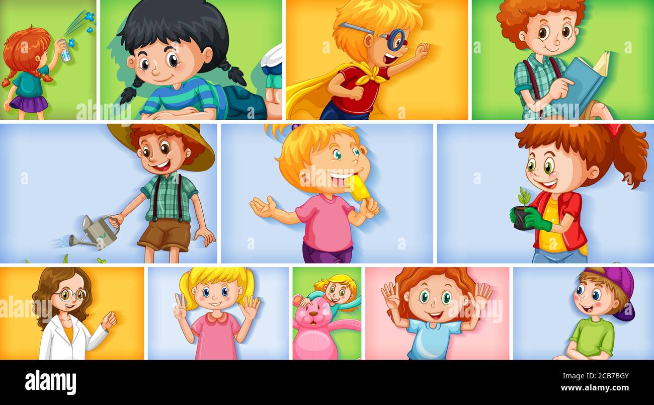 Set of different kid characters on different color background ...