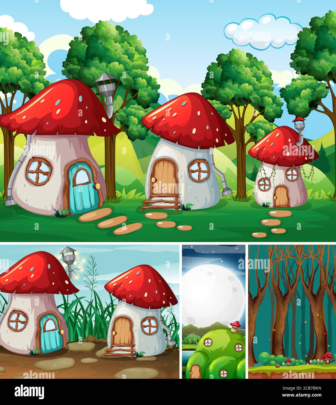 Four different scene of fantasy world with fantasy places such as ...