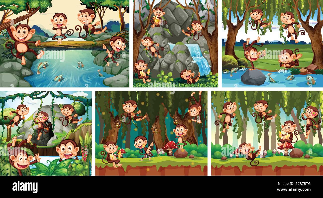 Set of playful monkey in nature background illustration Stock Vector ...