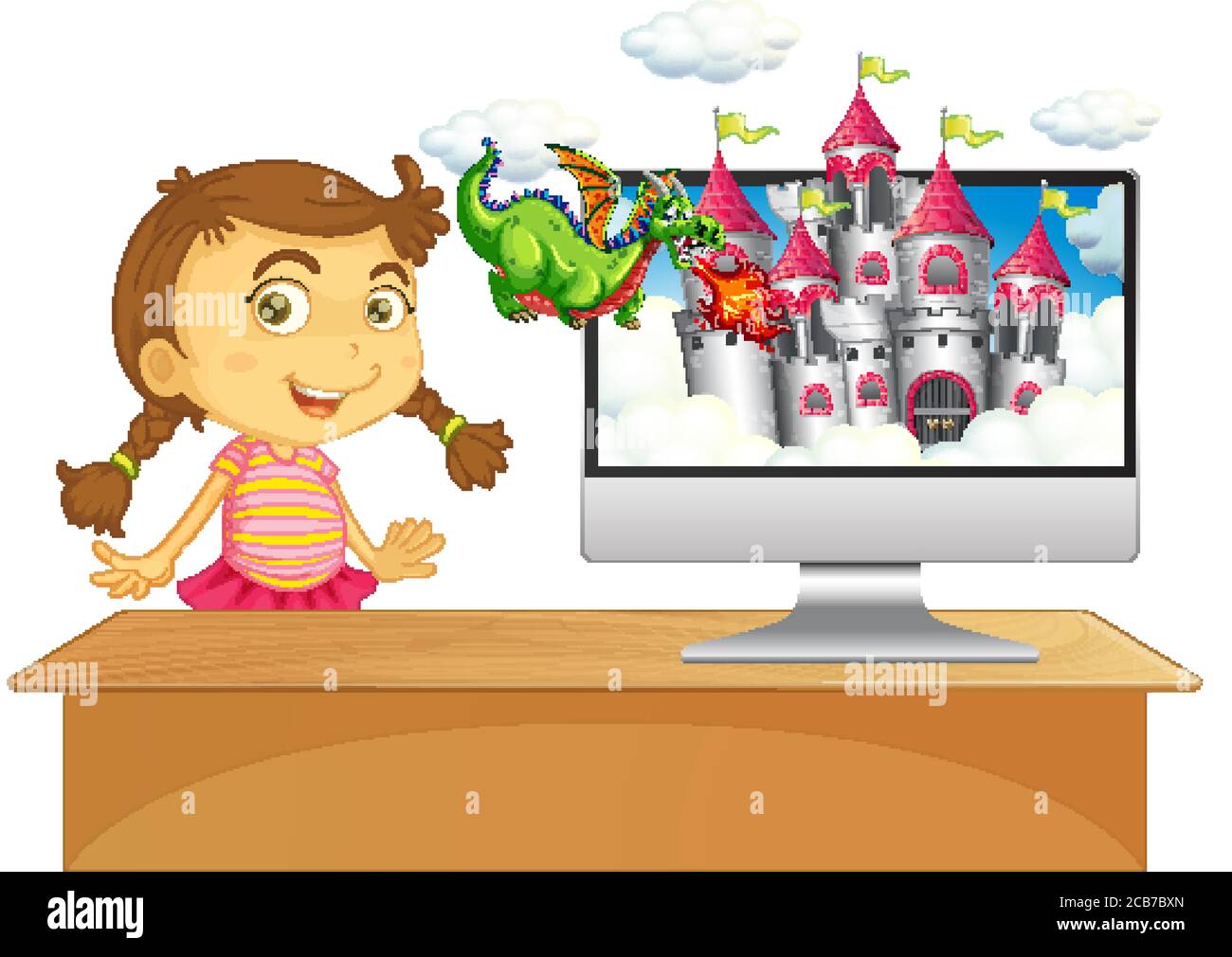 Girl next to computer with fairy tale background illustration Stock ...