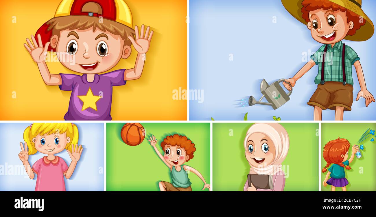 Set of different kid characters on different color background ...