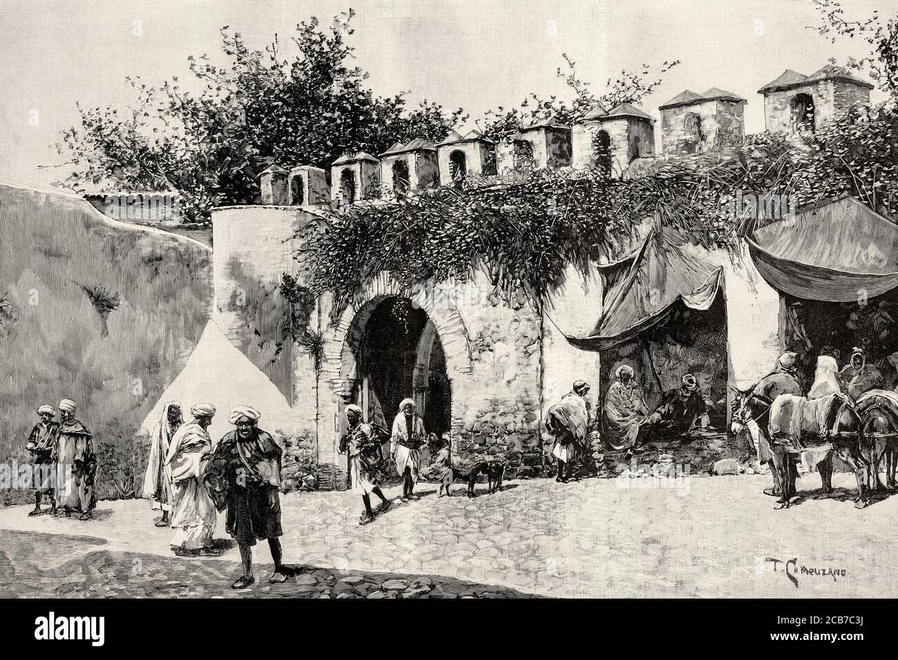 Street life city of Tanger in 19th century, Morocco. Old XIX century ...
